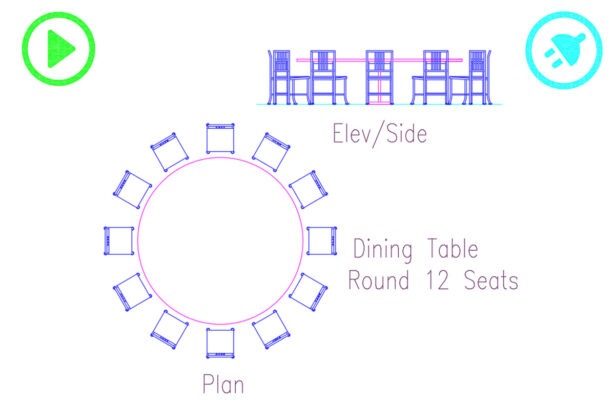 Wood Dining Table Round 12 Seats CAD block - AppisCAD